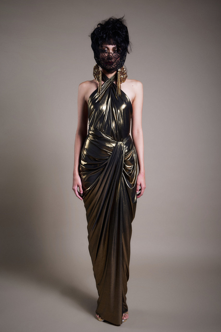 Long neck wrapped bronze metal dress – Dassios
